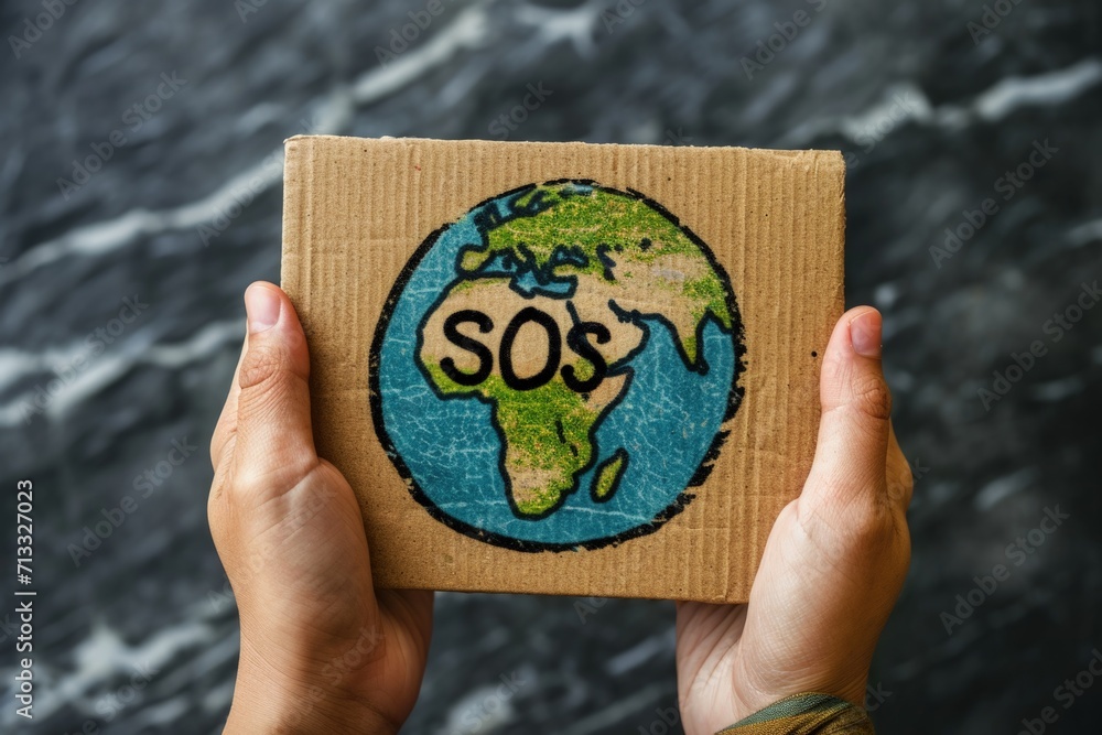 SOS and planet earth on cardboard card that hand is holding, concept of ...