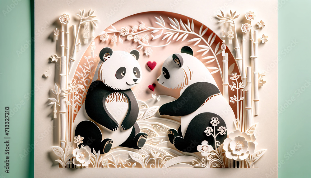 Delicate paper cutout of pandas in a loving embrace, capturing the ...