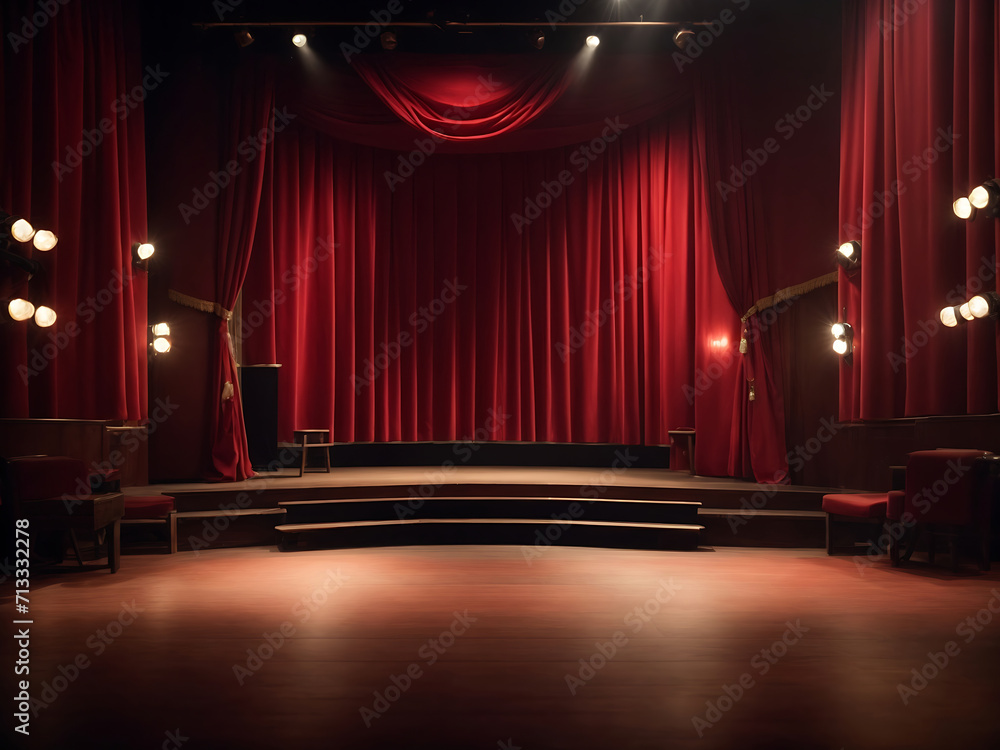 Theatre stage with red curtains, spotlights, and empty seating rows ...