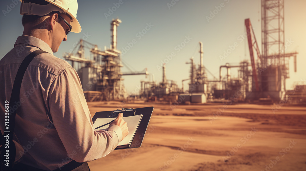 Engineer holding a notepad and an oil rig in the middle of a very hot ...