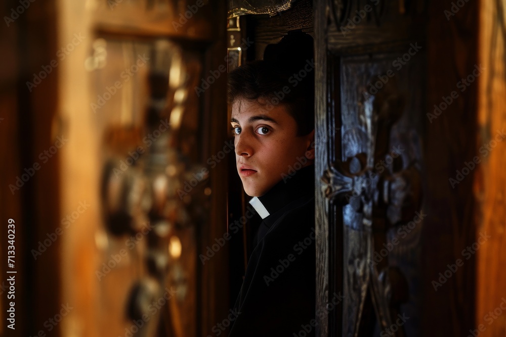 Dedicated Young Priest Attentively Listens In A Sacred Confession Booth ...