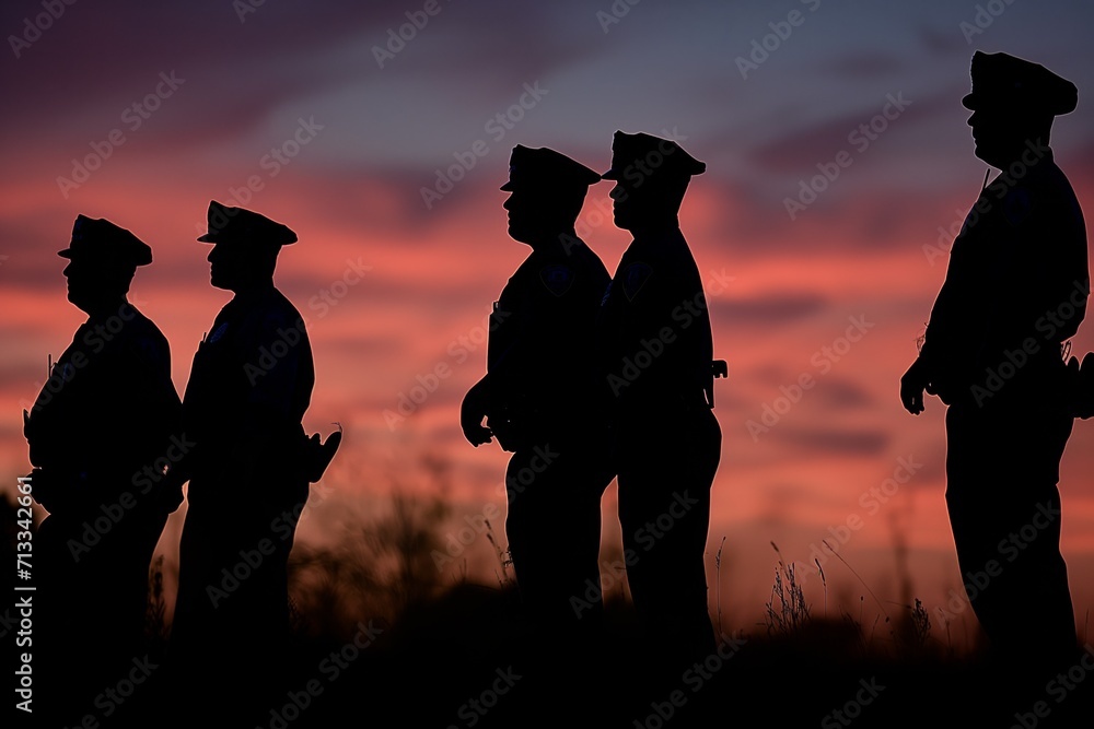 Police Officers Silhouetted By Sunset, Symbolizing Unity And Dedication ...