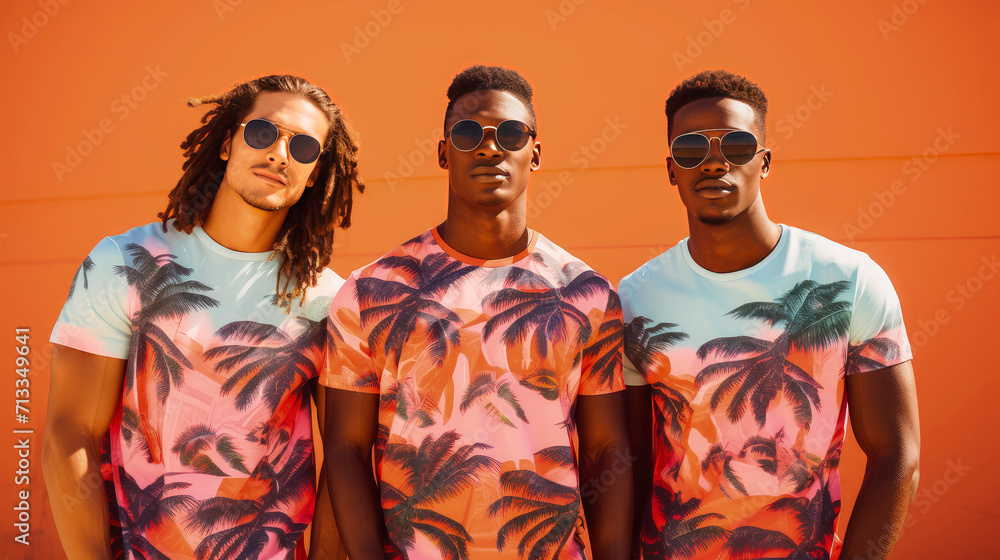 Three standing cool stylish handsome muscular young men of generation Z ...