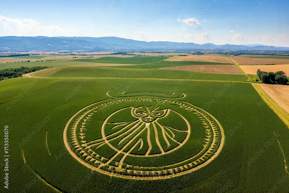Alien extraterrestrial crop circle design in green field, artist ...
