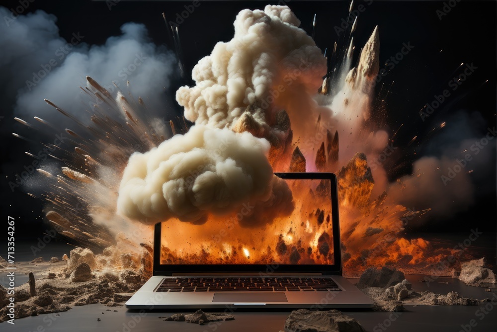 Amidst a cloud of smoke and pollution, a laptop's screen explodes in ...