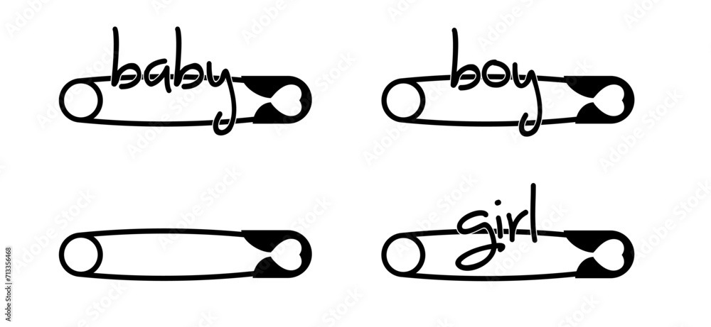 New Born. Boy, girl or blue, pink baby pin. Love heart safety pin. Opened and closed pins ...