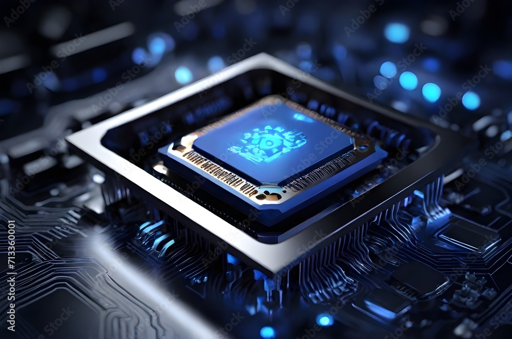 AI processor Glowing micro chip with neuronal network on circuit board ...