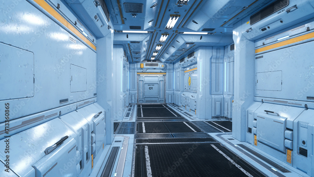 Corridor inside a futuristic science fiction industrial building with ...