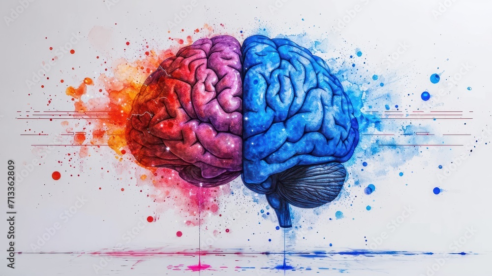 a painting of a human brain with a splash of paint on the left side of ...