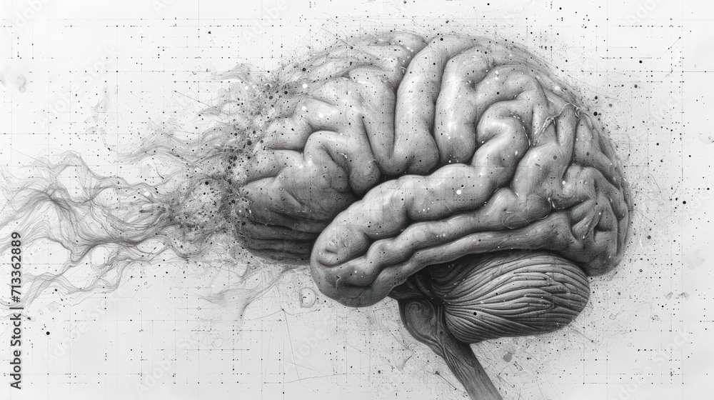 a drawing of a human brain with a lot of smoke coming out of the middle ...