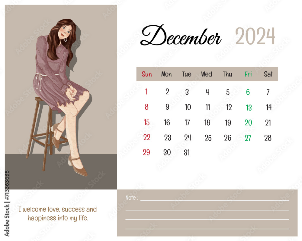 Printable Calendar December 2024 with Girl Illustration and ...
