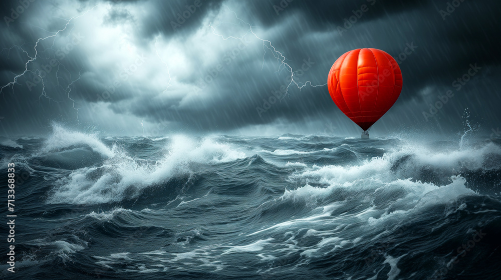 red hot air balloon hovers above turbulent ocean waves during a fierce ...