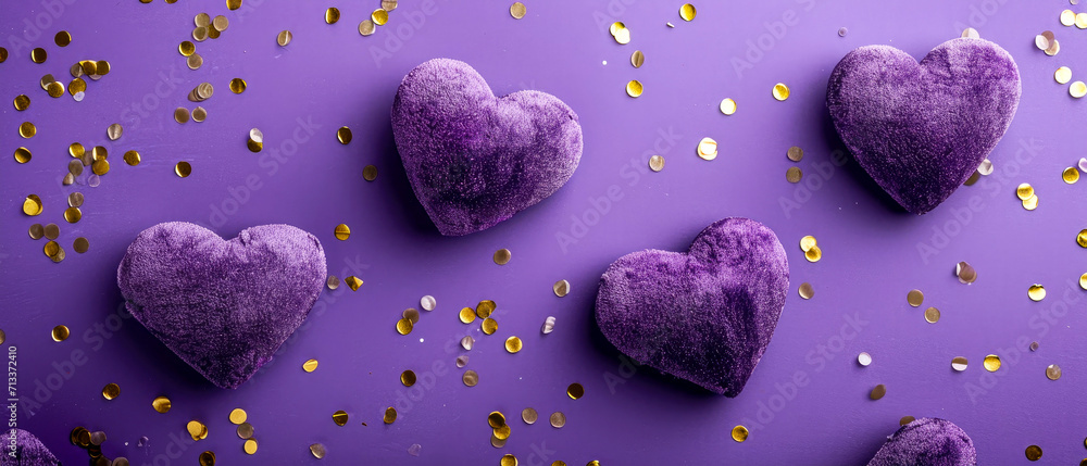 Mockup of purple velvet hearts shaped on textured purple. Flat lay. Top ...