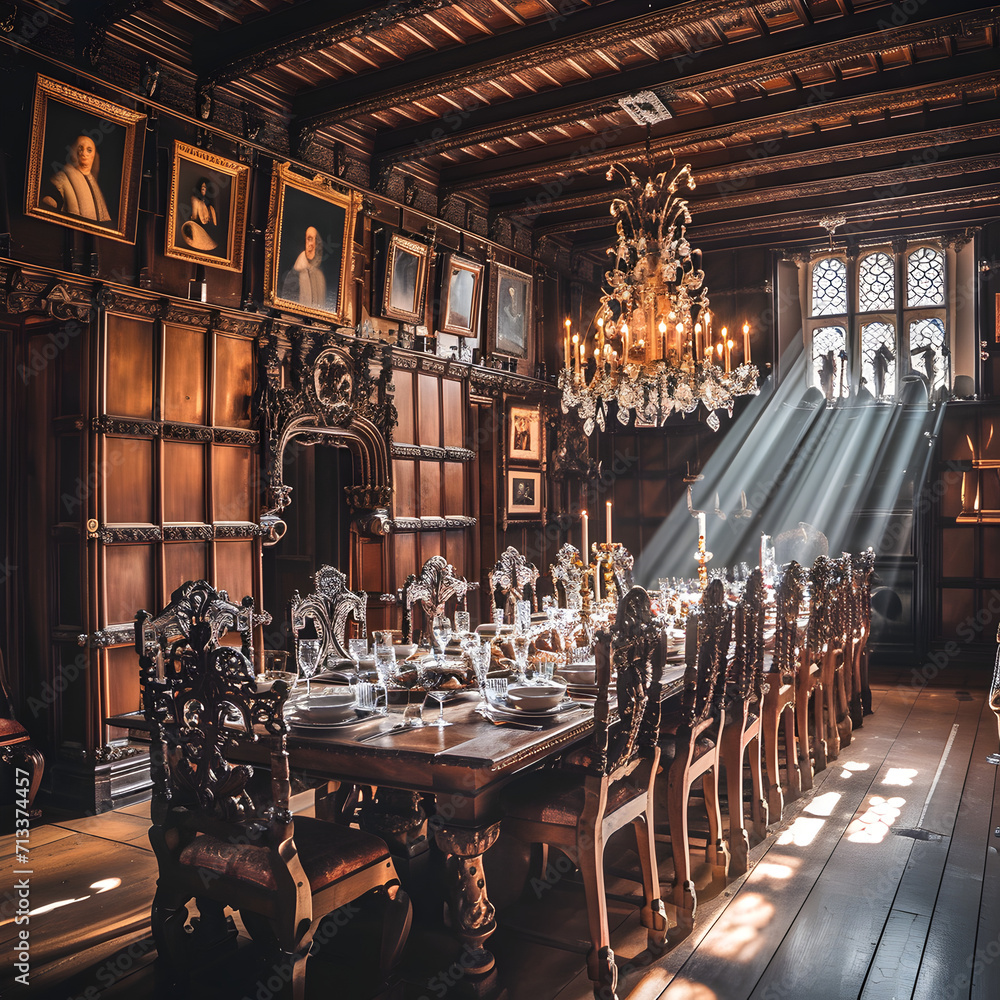 Dining room in an old big castle, wooden details, castle style dining ...