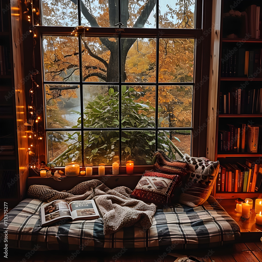 cozy reading nook, near a big window, plaid pattern, old house ...