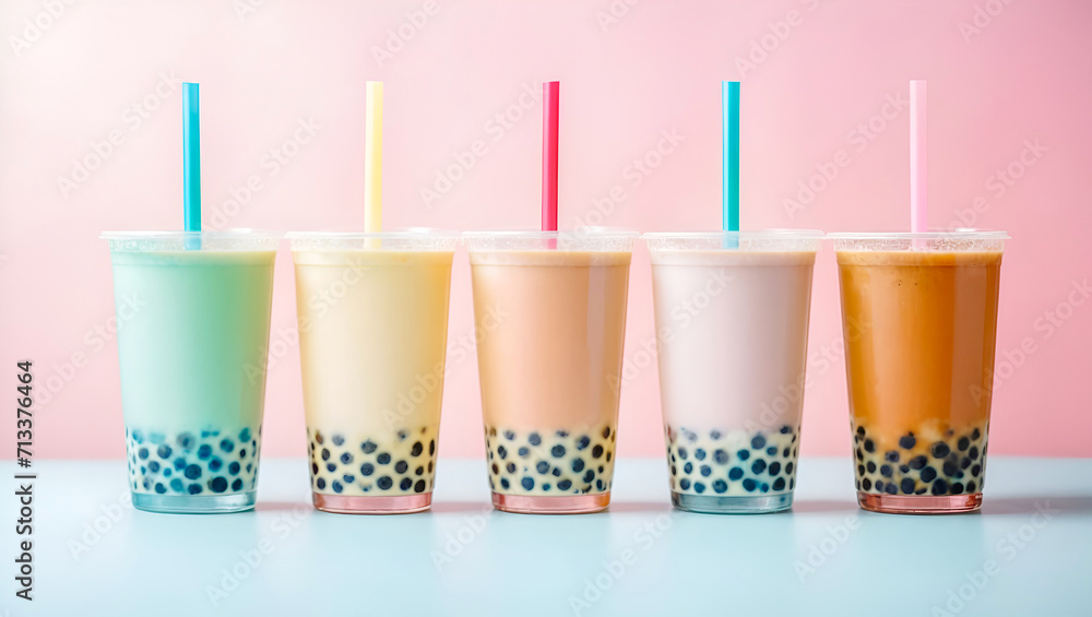 variety of bobba bubble milk tea in transparent plastic cups standing ...