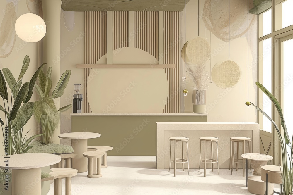 Representation of a cafe interior with a muted color palette inspired ...