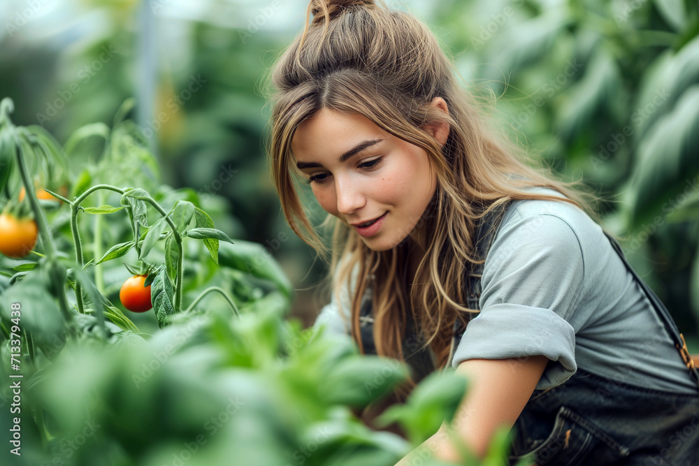 woman picking tomatoes in garden to harvest fresh foods for self ...