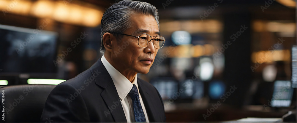 Old Chinese business people buying stocks wearing suits in an office ...