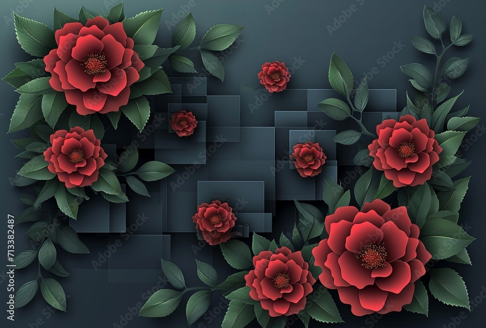 red roses and squares in vector background, in the style of wall ...