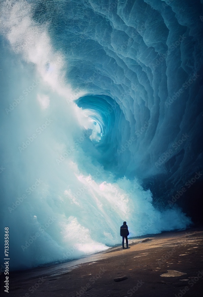 Encountering a colossal wave approaching the beach, front-facing shot ...