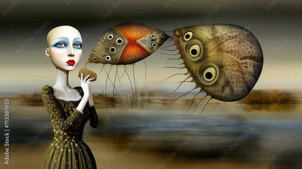 A surrealist painting of a pale woman with bold makeup holding a sponge ...