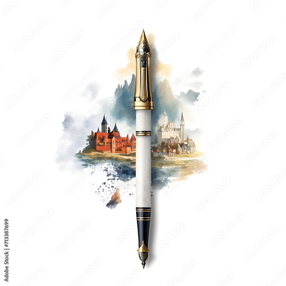 Fountain pen, painting of fairy tale castle on hill, watercolor cute ...