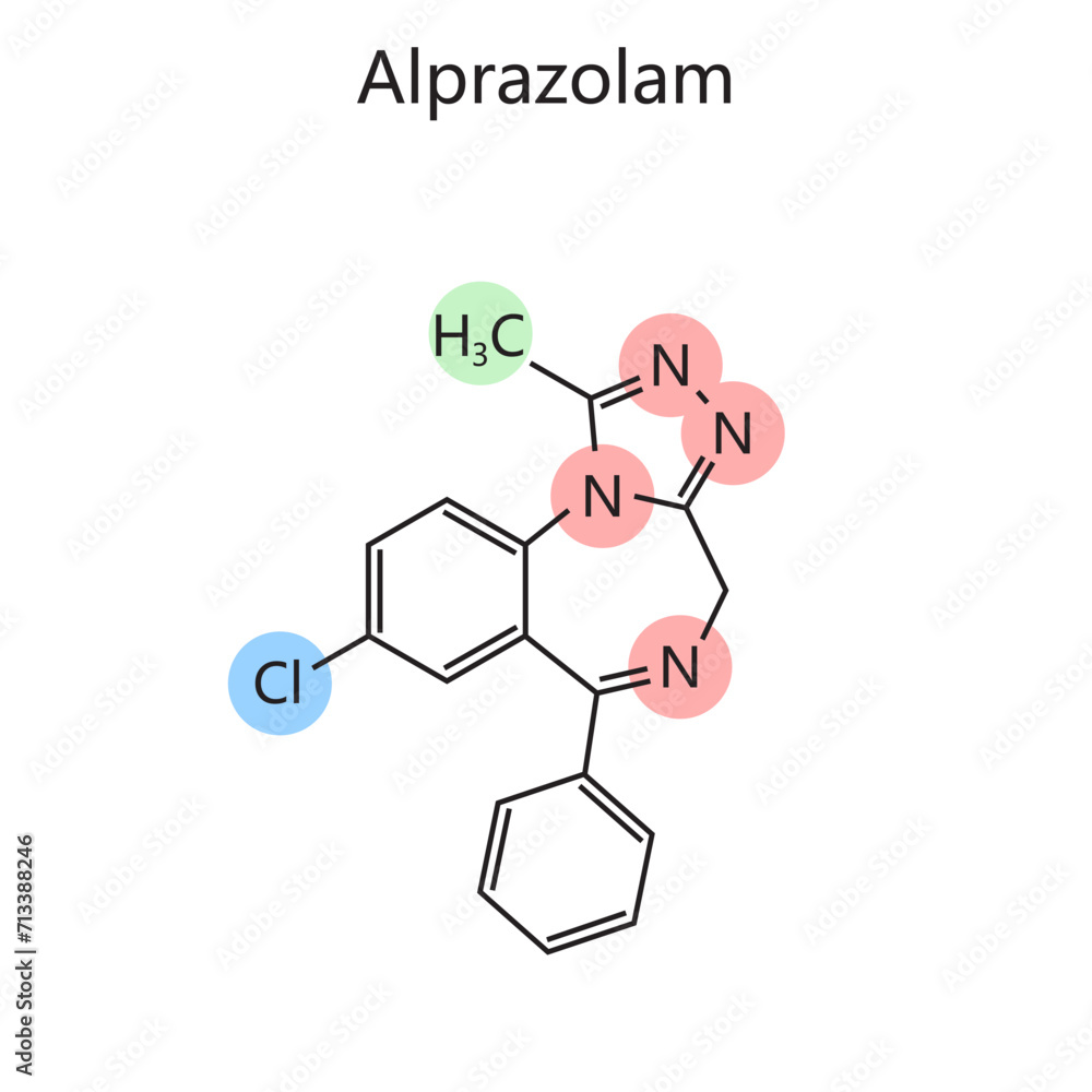 Chemical organic formula of Alprazolam diagram hand drawn schematic vector illustration. Medical ...