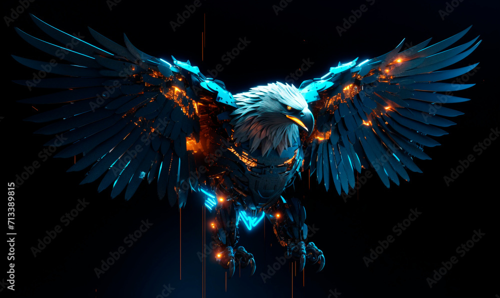 Cyber neon eagle with open wings background. Digital purple 3d robot ...