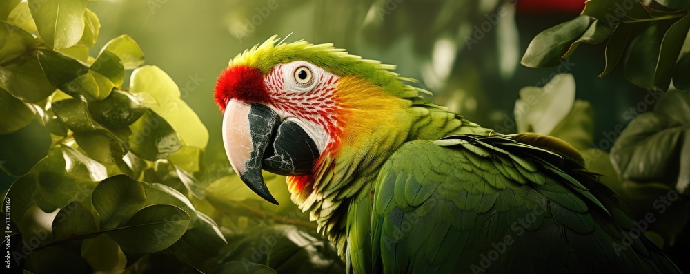 Beautiful exotic Ara parrot bird sitting on branch of tree in green ...