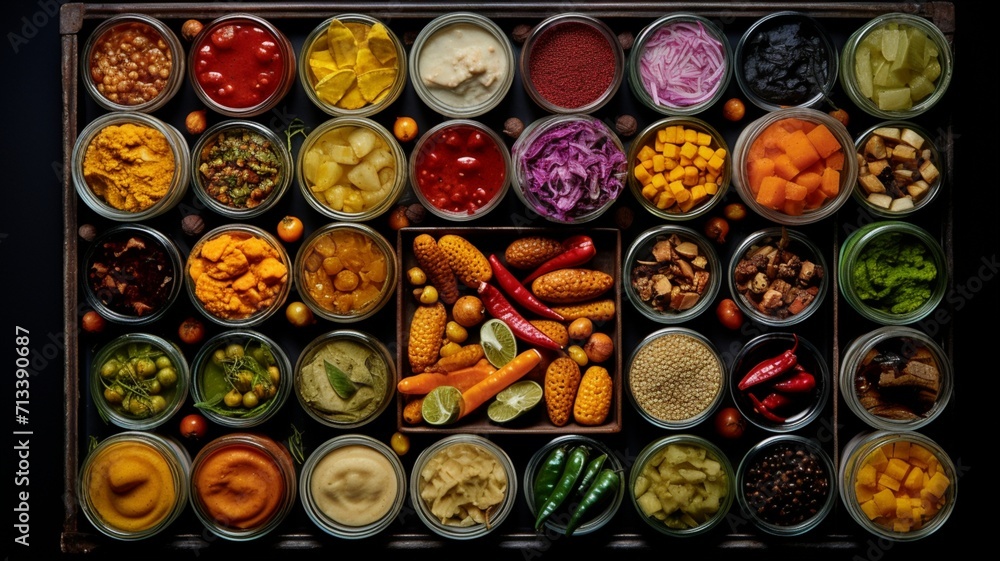 An overhead view of a colorful array of pickles and chutneys ...