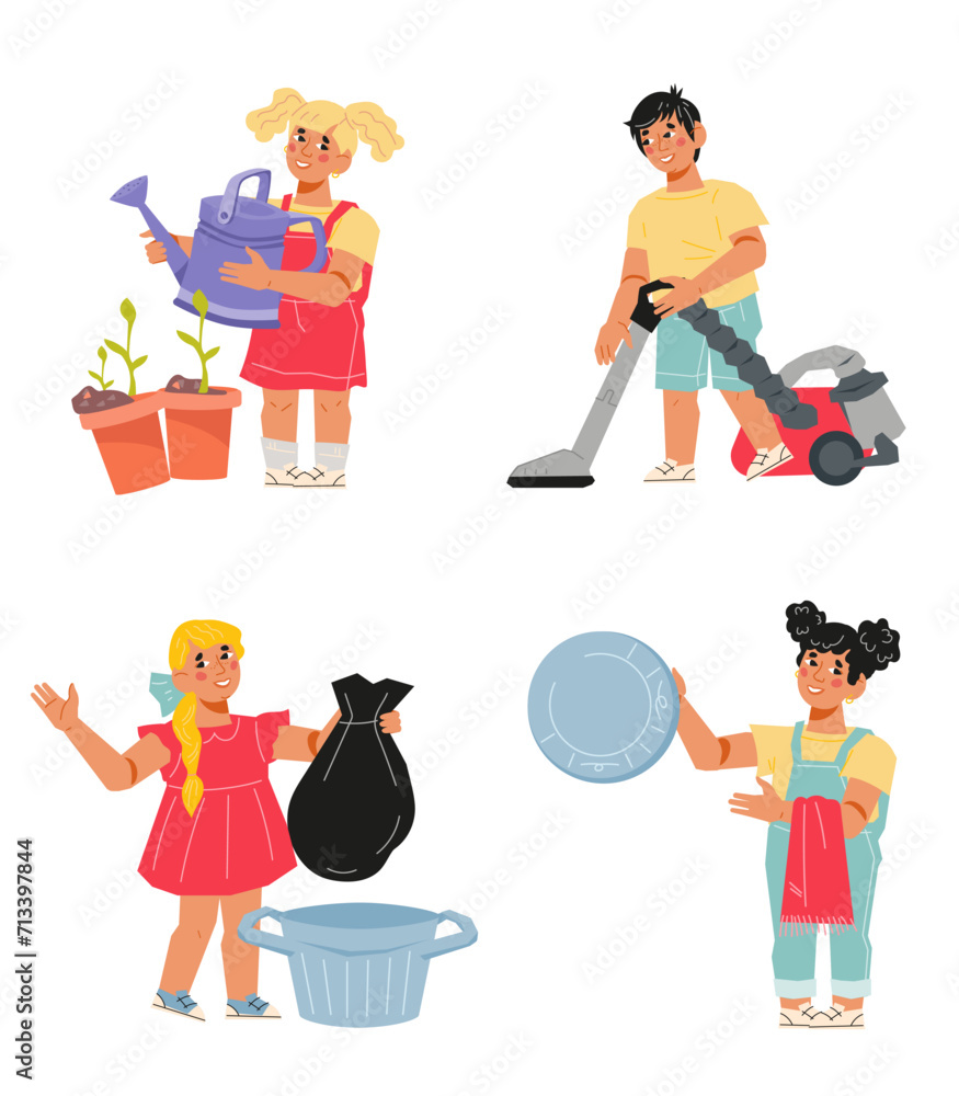 Children do various household chores. Teaching children to have order ...