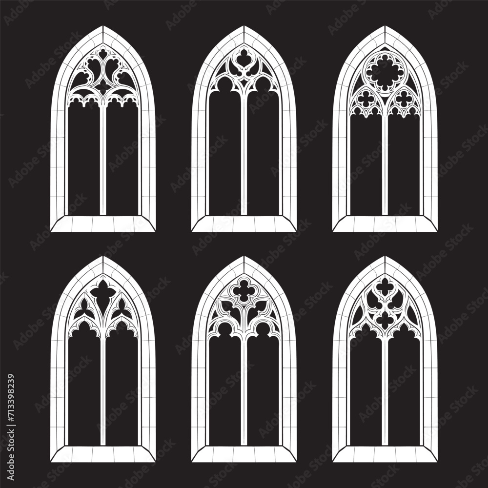 Gothic windows clipart set line art gothic tattoo design isolated ...