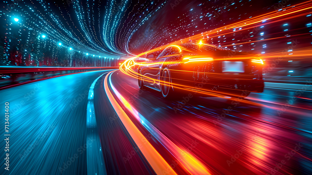 a super car going fast down a highway road with light blurs of speed ...