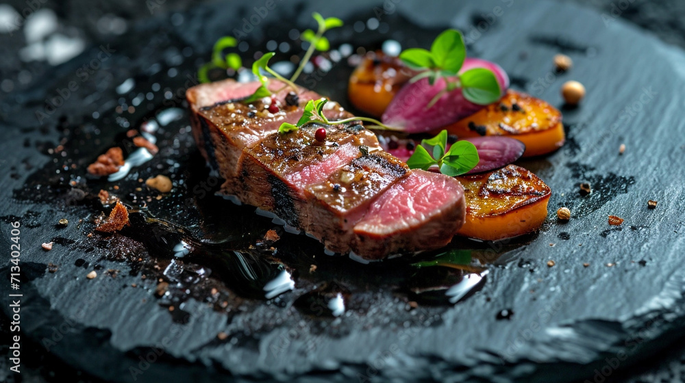 Creative dish with Michelin star, spiced pigeon breast, black ceramics ...