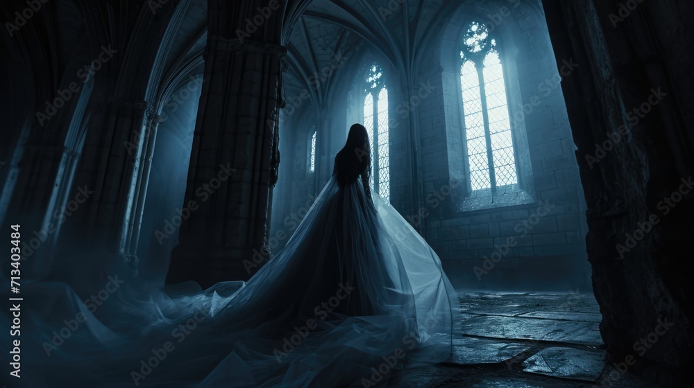 Female ghost silhouette. Beautiful scary horror scene. Mystery dead ...