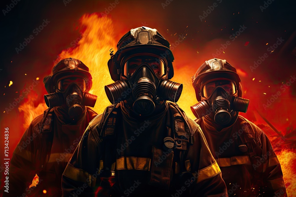 Firefighters in protective suit, helmet and gas mask extinguishing ...