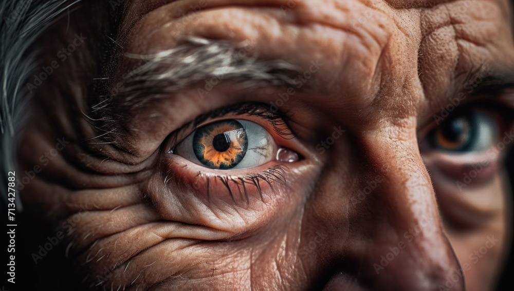 An intimate closeup of an old man's wrinkled forehead reveals the ...