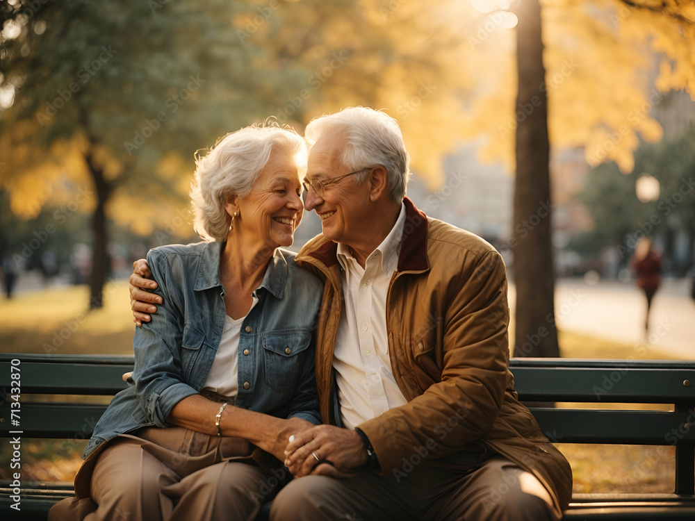 Happy Old Married Couple Smiling And Hugging On The Bench In The City