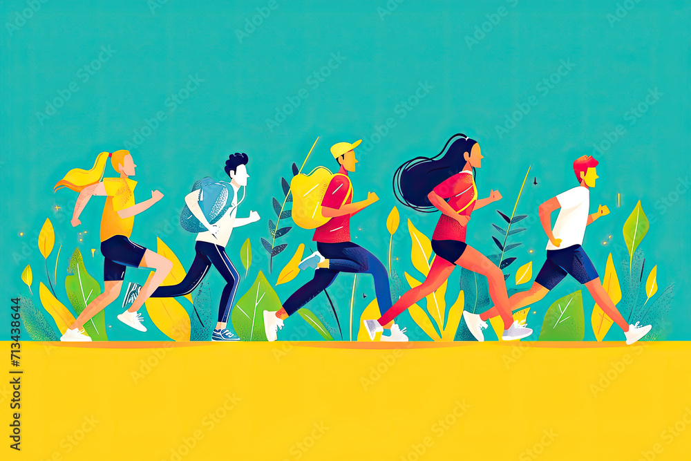 Ilustración estilo Flat Design de personas corriendo hacia una meta ...
