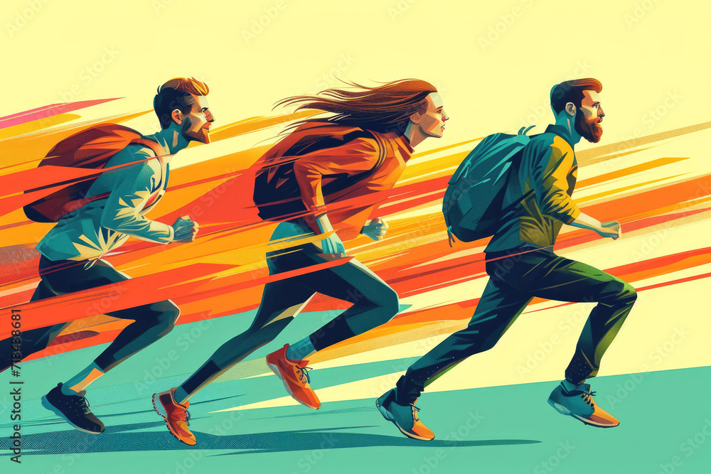 Ilustración estilo Flat Design de personas corriendo hacia una meta ...