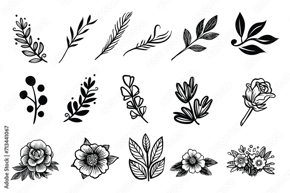 Simple linear flowers and leaves isolated on white. Hand drawn vector ...