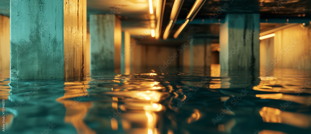 Underground perspective of a flooded area, with water reflecting the ...