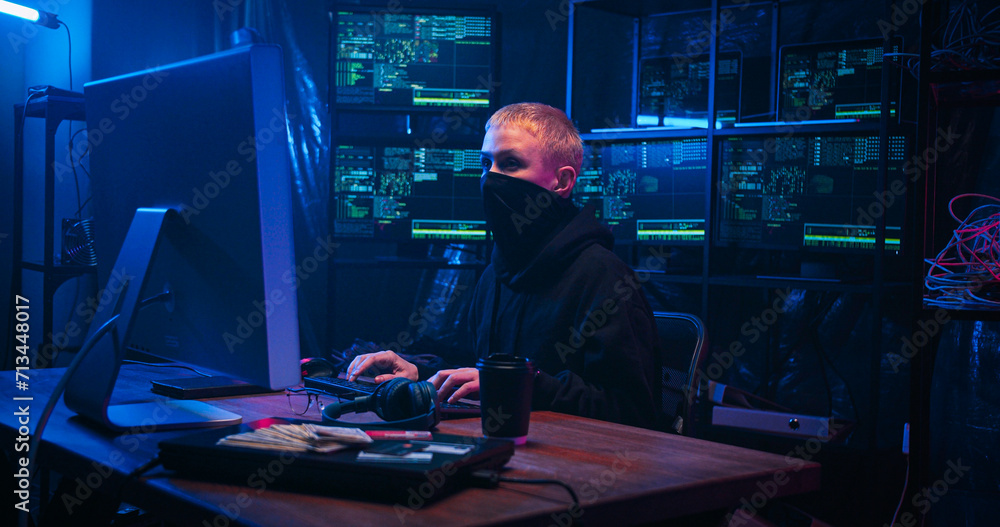 Caucasian anonymous woman with short blond hair and mask on face ...