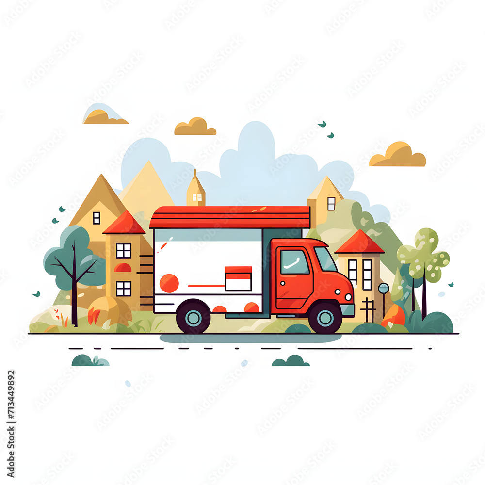 Mail truck driving through a neighborhood isolated on white background ...