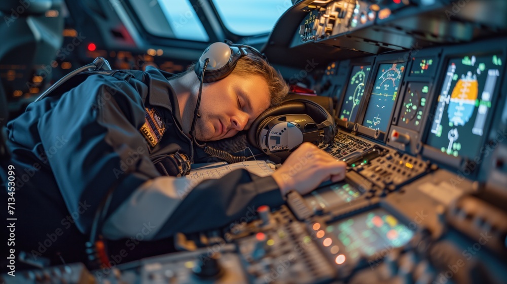 civil aviation pilot sleeps in the cockpit of an airplane. industrial ...