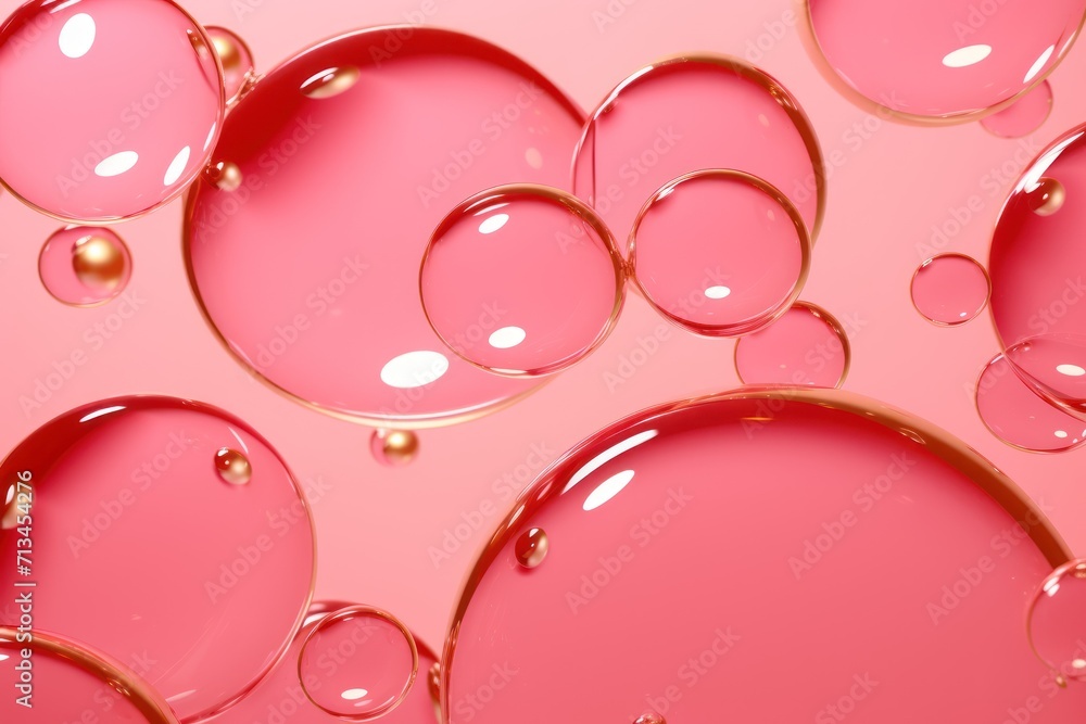 a group of pink bubbles floating on top of a light pink surface with a ...