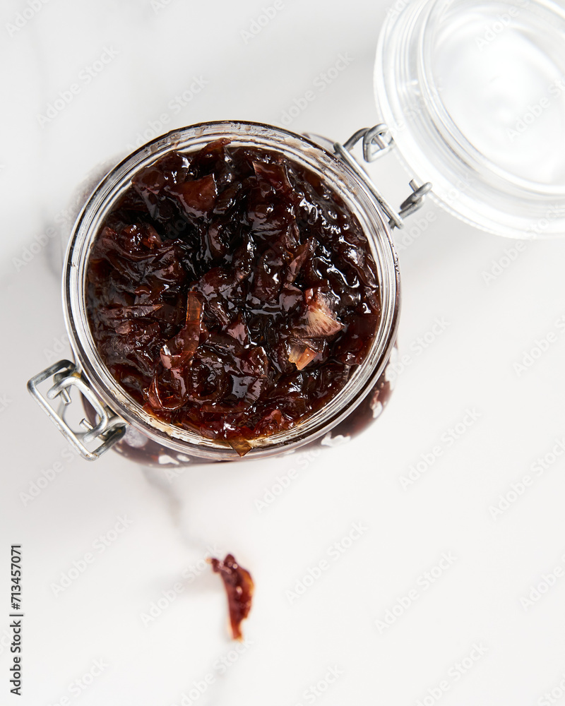 Freshly Cooked Onion Confit or confiture in the jar. Also known as ...