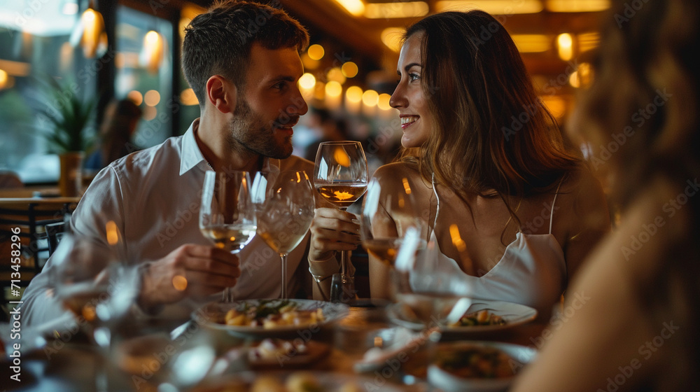 A visually rich composition featuring a young couple sipping wine and ...