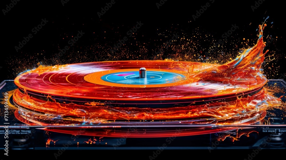 un disque de vinyle placé au centre, d'où jaillissent des particules ...